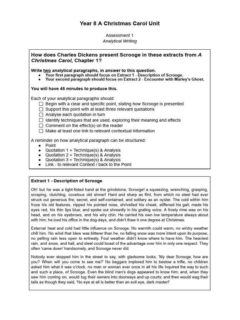 A Christmas Carol Assessment 1 - Analytical Writing | PDF | Ebenezer ...
