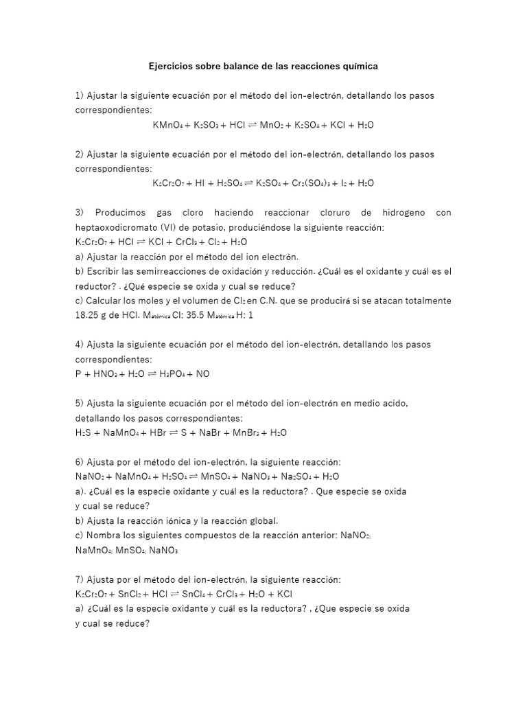 Ejercicios Sobre Balance Redox de Las Reacciones Química | PDF | Redox | Moléculas