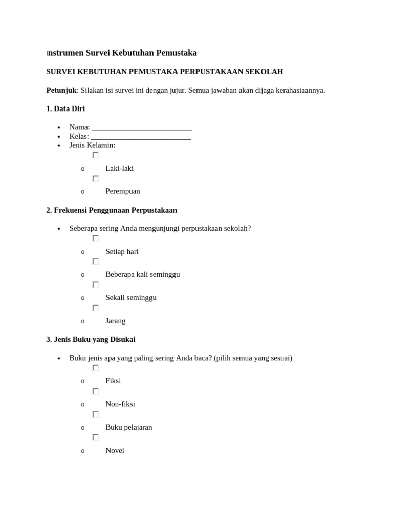 Instrumen Survei Kebutuhan Pemustaka Tahun 2022 | PDF | Fiksi Umum