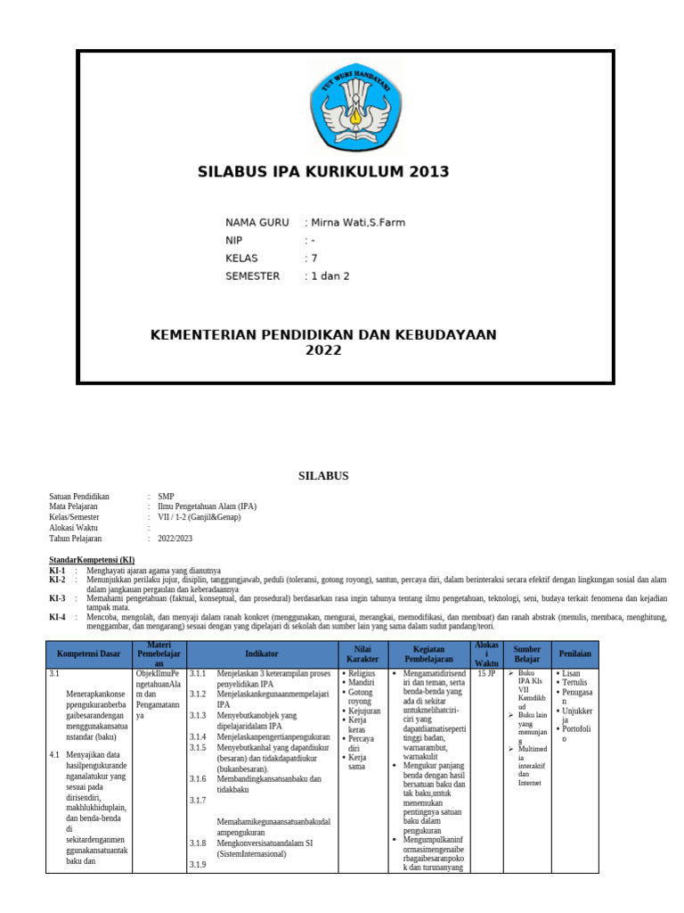 Silabus IPA Kelas 7 | PDF