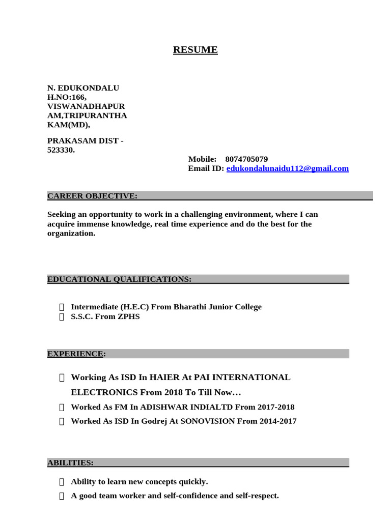 Edukondalu New Resume | PDF