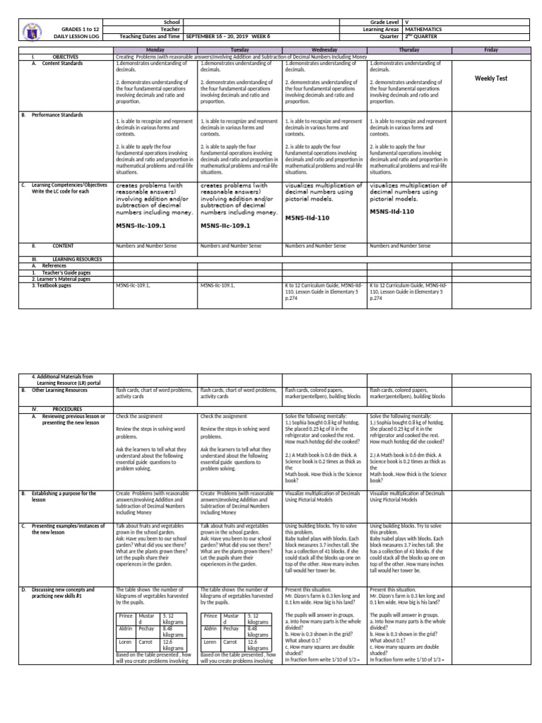 DLL Mathematics 5 Q2 W6 | PDF | Mathematics | Subtraction