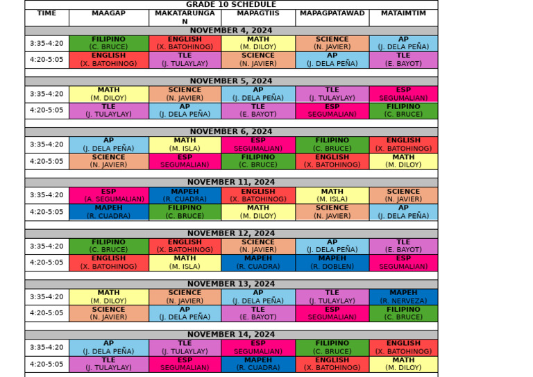 Grade 10 Class Schedule November 2024 | PDF | Foreign Language Studies