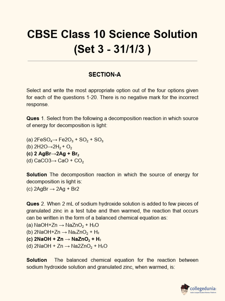 CBSE Class 10 Science Solutions Set 3 31 1 3 | PDF | Series And ...