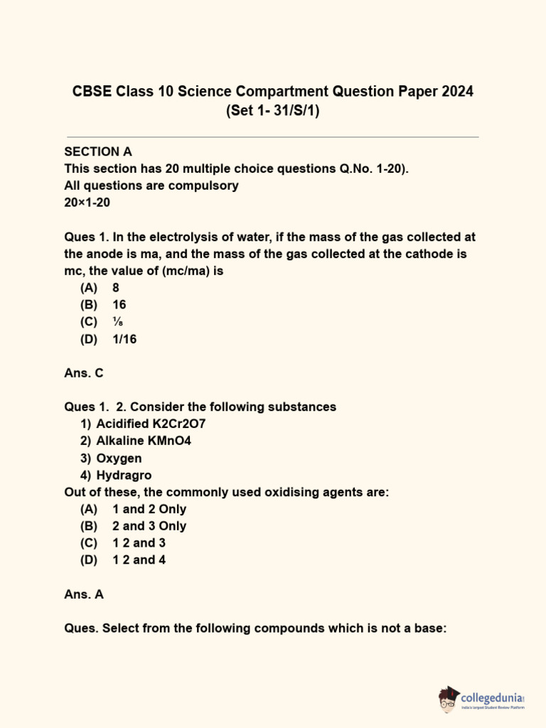CBSE Class 10 Science Compartment Question Paper 2024 Set 1 31 S 1 ...