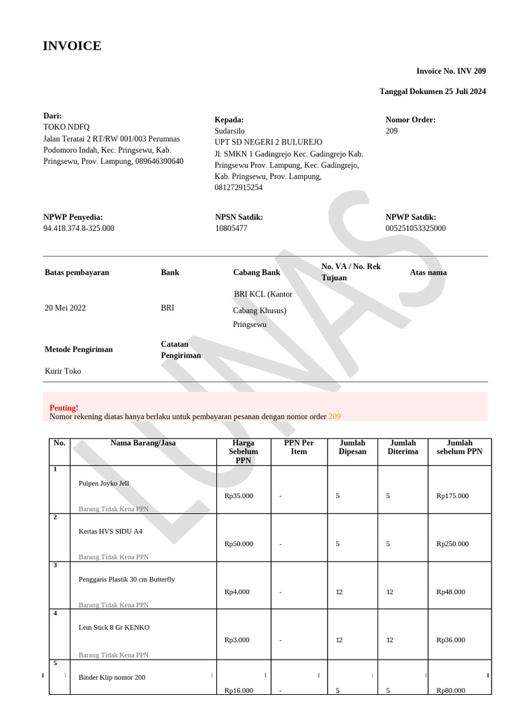 Invoice Pembelian Toko NDFQ Juli 2024 | PDF