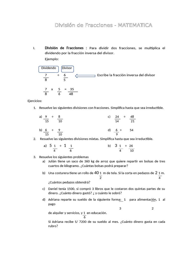 División de Fracciones Quinto Grado Primaria Subir | PDF