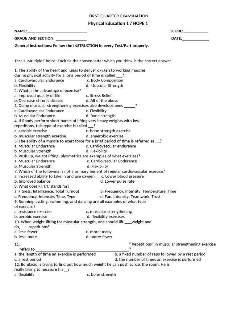 Pe And Health Exam 11 Pdf Strength Training Physical Fitness