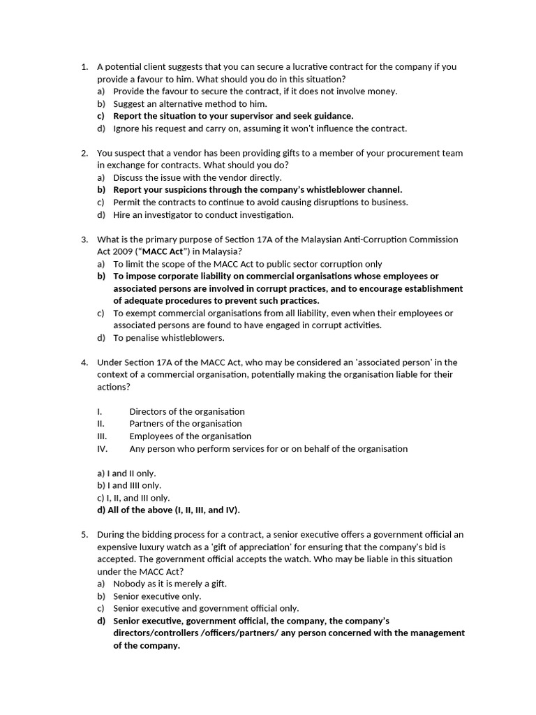 MACC S.17A Quiz Questions & Answers | PDF | Legal Liability | Conflict ...