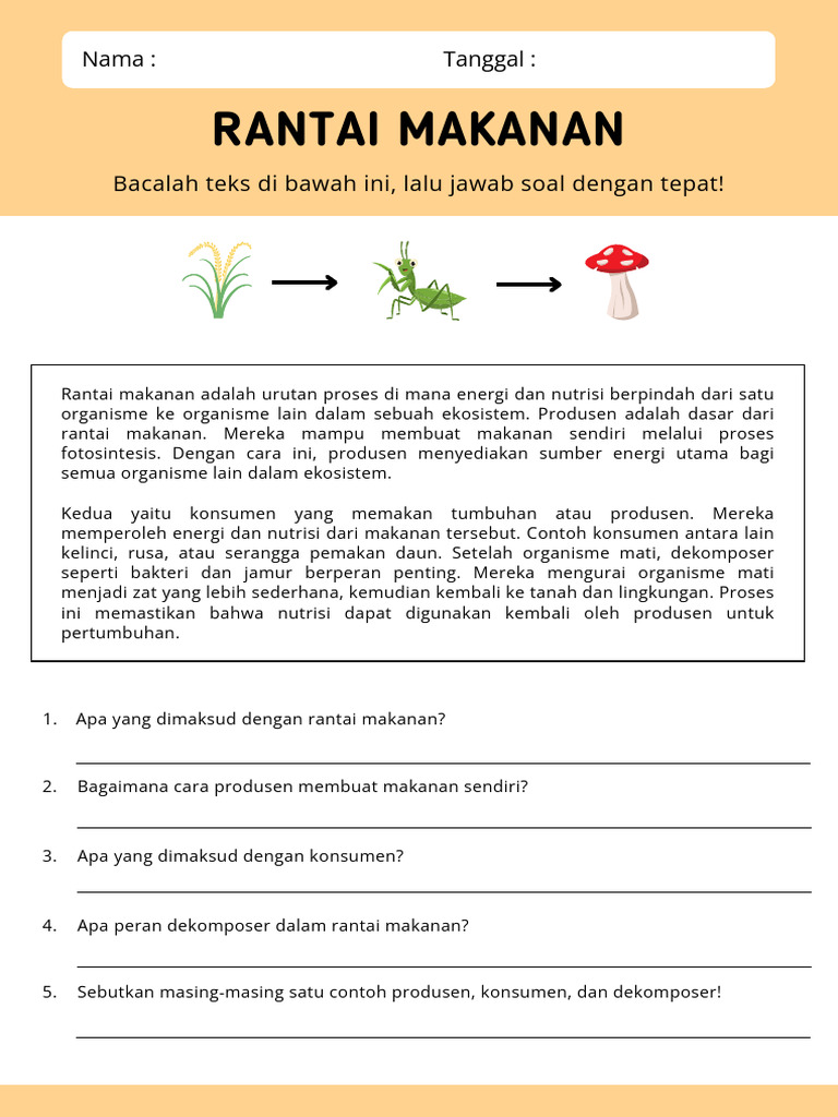 Lembar Kerja Soal Tentang Rantai Makanan Oranye Ilustrasi Sederhana ...