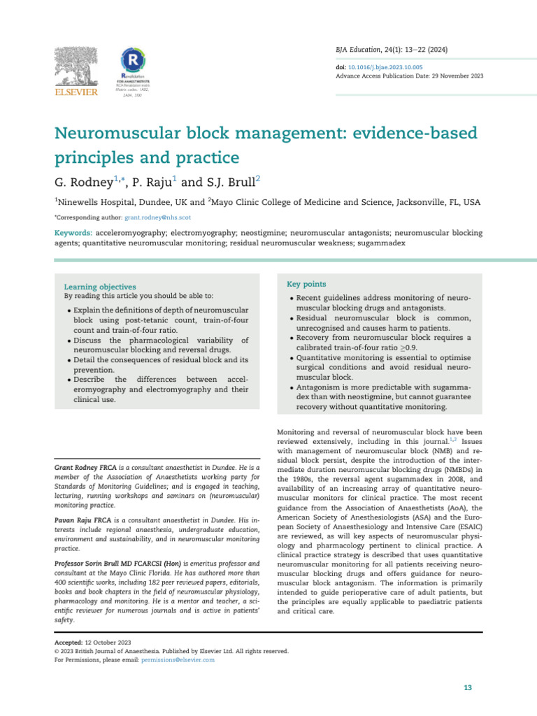 Neuromuscular Block Management Guidelines | PDF | Electromyography ...