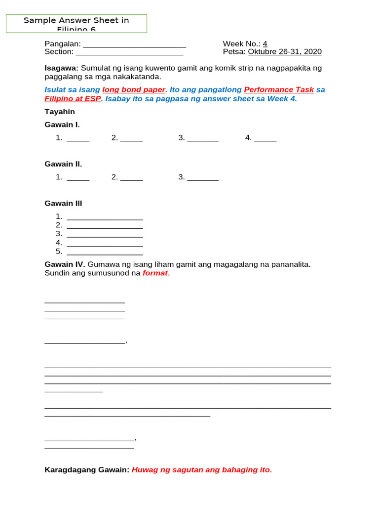 Answer Sheet Filipino | PDF