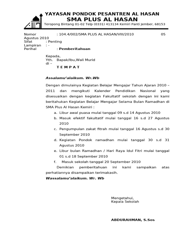 002 Surat Pemberitahuan Liburan Ramadhan | PDF