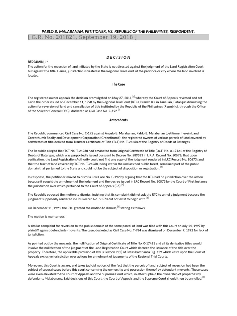 Malabanan vs. Republic - Reversion | PDF | Complaint | Lawsuit