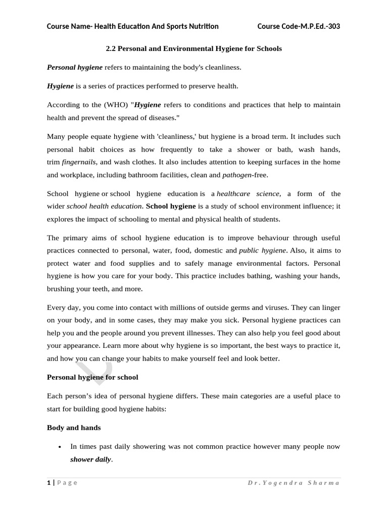 2.2 Personal and Environmental Hygiene For Schools | PDF | Hygiene
