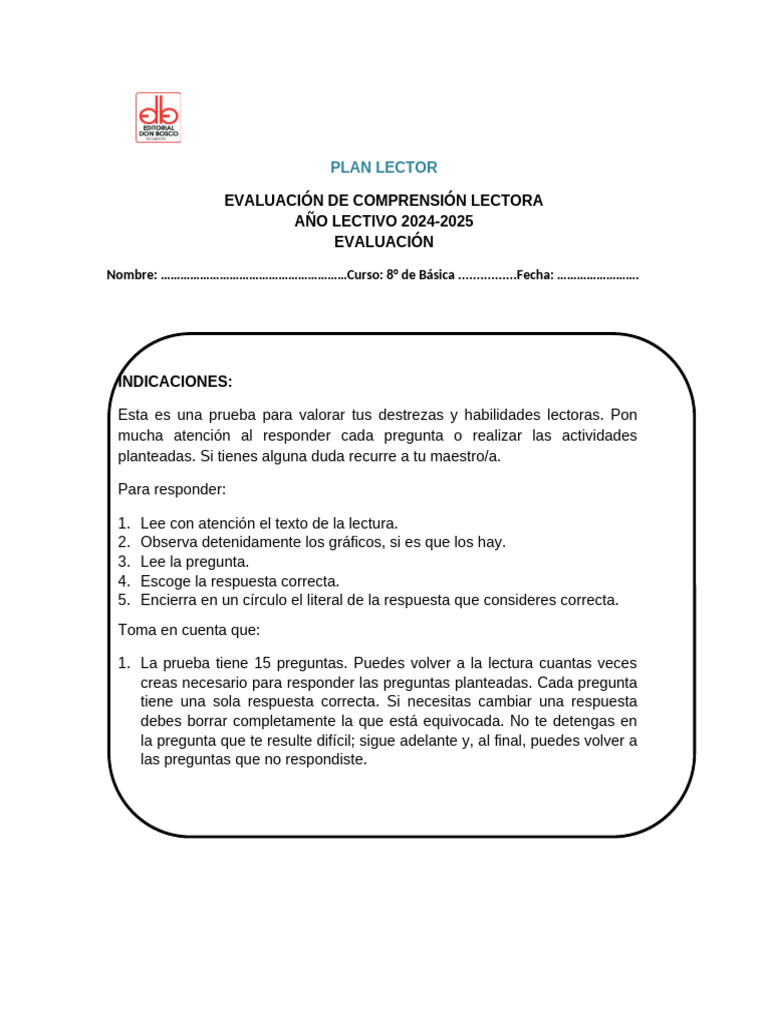 Examen Plan Lector Edibosco 8vo EGB | PDF