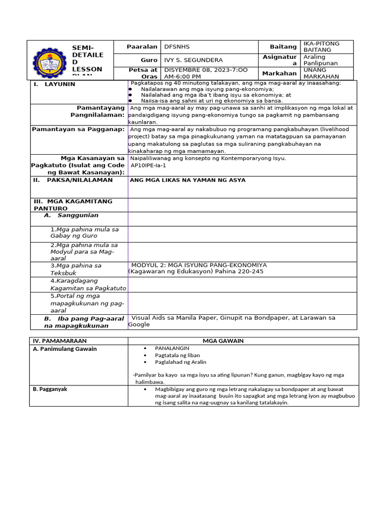 Lesson Plan SSE 200 | PDF