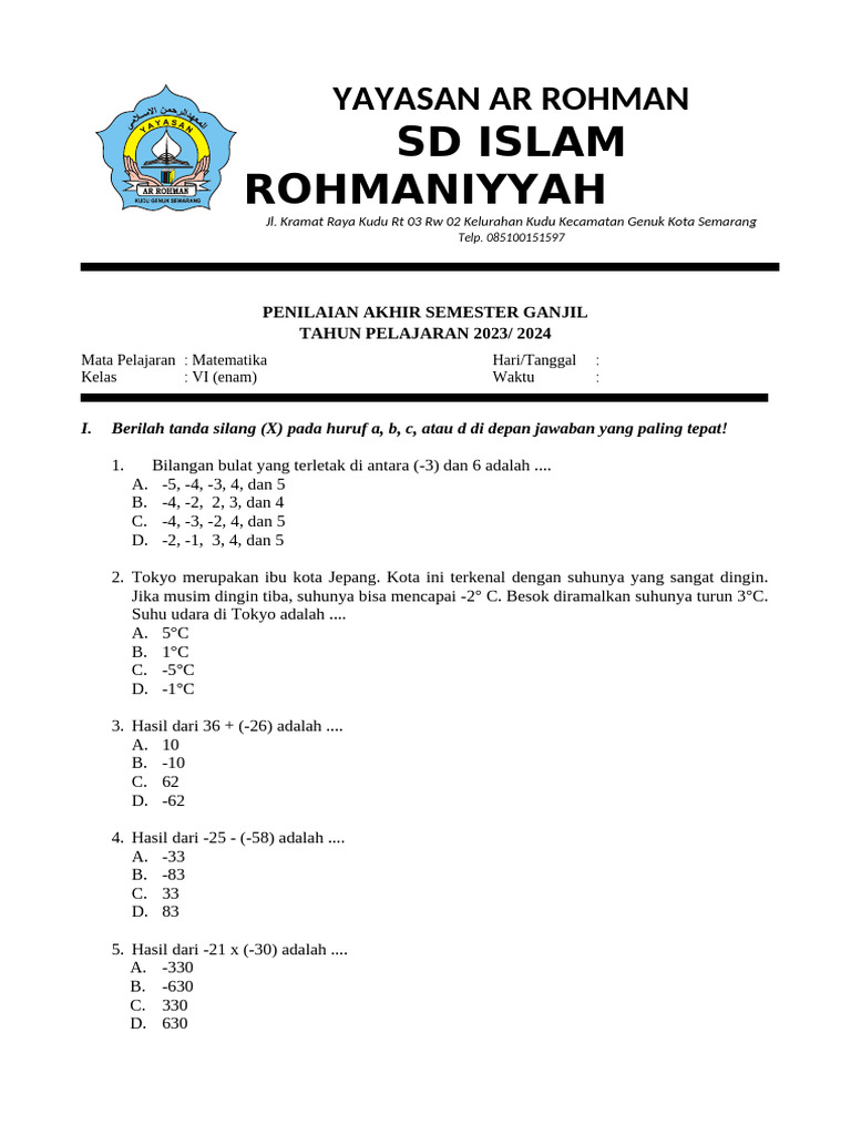 Naskah Soal Pas Ganjil Matematika 2023-2024 | PDF