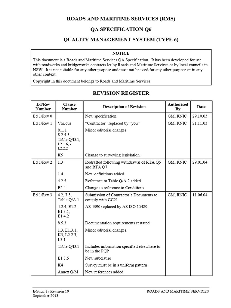 Roads and Maritime Services (RMS) Qa Specification Q6 Quality Management System (Type 6) | PDF ...