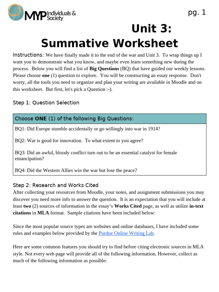I&S - Worksheet - Unit 3 - Summative | PDF | Citation | Written ...