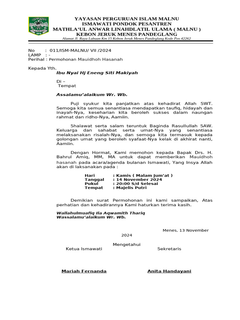 Permohonan Mauidhoh Hasanah Ismawati | PDF