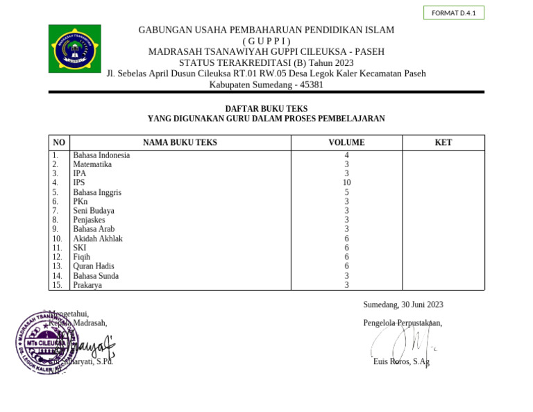 Format d.4.1 Daftar Buku Teks, Digital Yang Digunakan Guru | PDF