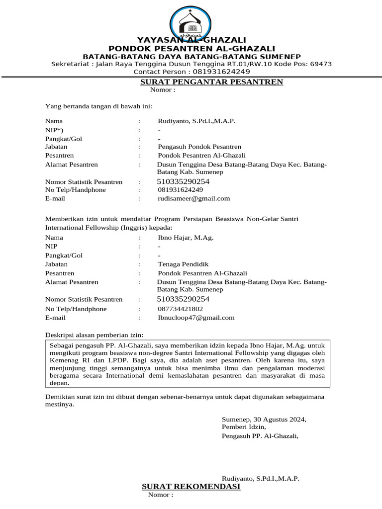 01 Surat Pengantar Pesantren Dan Rekomendasi | PDF