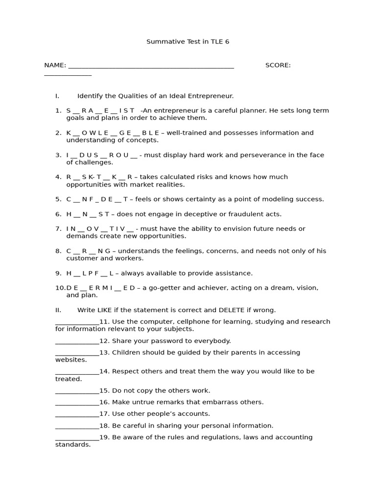 Summative Test in TLE 6 | PDF