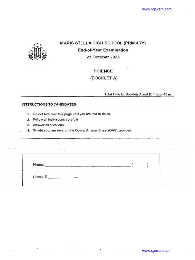2023-P5-Science-End of Year Exam-Maris Stella | PDF | Blood | Oxygen