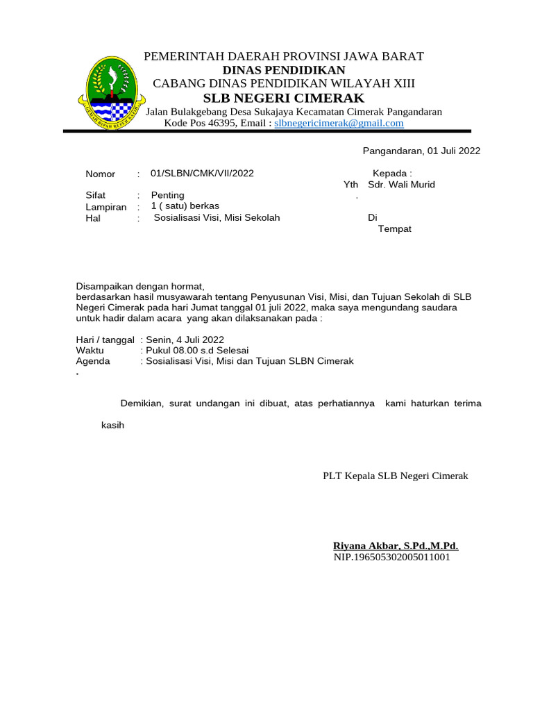 Undangan Rapat Penyusunan VISI MISI Sekolah 2022 | PDF
