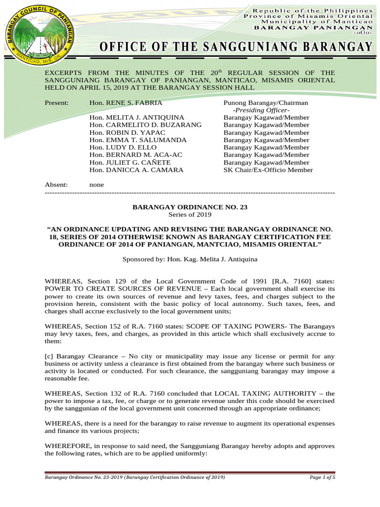 Revised Barangay Certification Fee Ordinance | PDF | Taxes | Justice