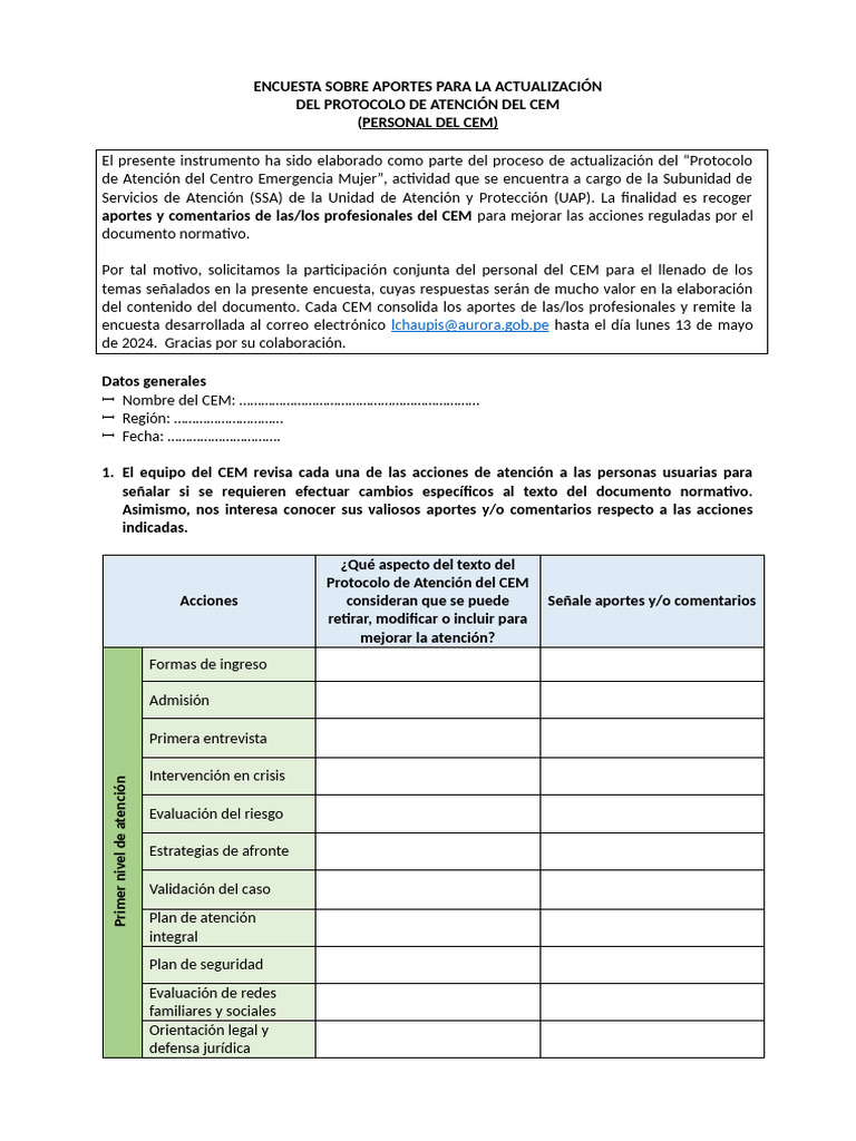 Encuesta Actualizacion Protocolo Atencion CEM - Personal CEM - 1 | PDF | Metodología de encuesta