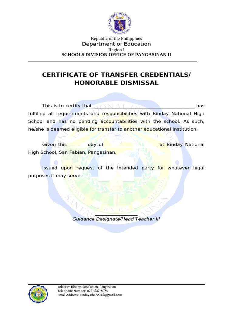 Certificate of Transfer Credential or Honorable Dismissal | PDF