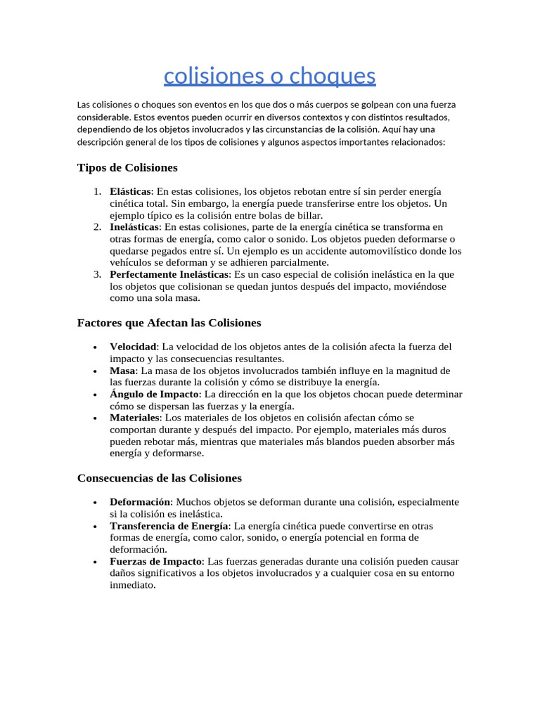 Colisiones o Choques | PDF | Masa | Elasticidad (Física)