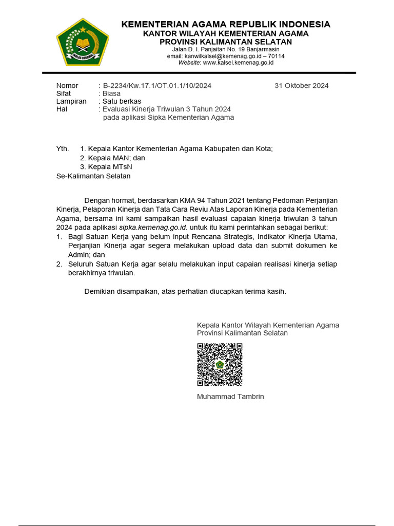 Surat Evaluasi Capaian Kinerja Tri 3 Tahun 2024 | PDF