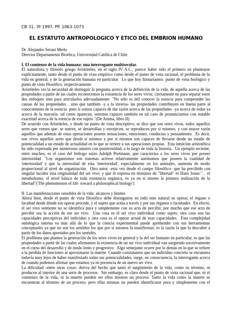 Serani - El Estatuto Antropológico y Ético Del Embrión Humano | PDF ...