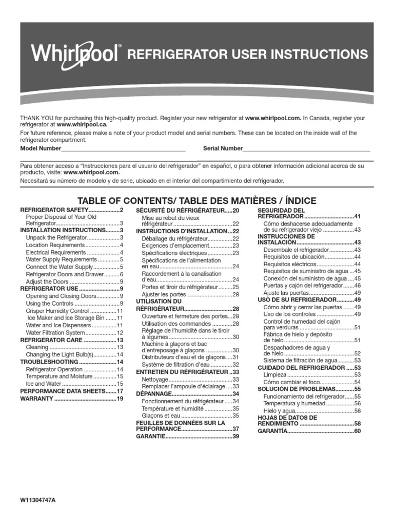 Whirlpool Refrig Owners Manual w11304747 RevA | PDF | Refrigerator ...