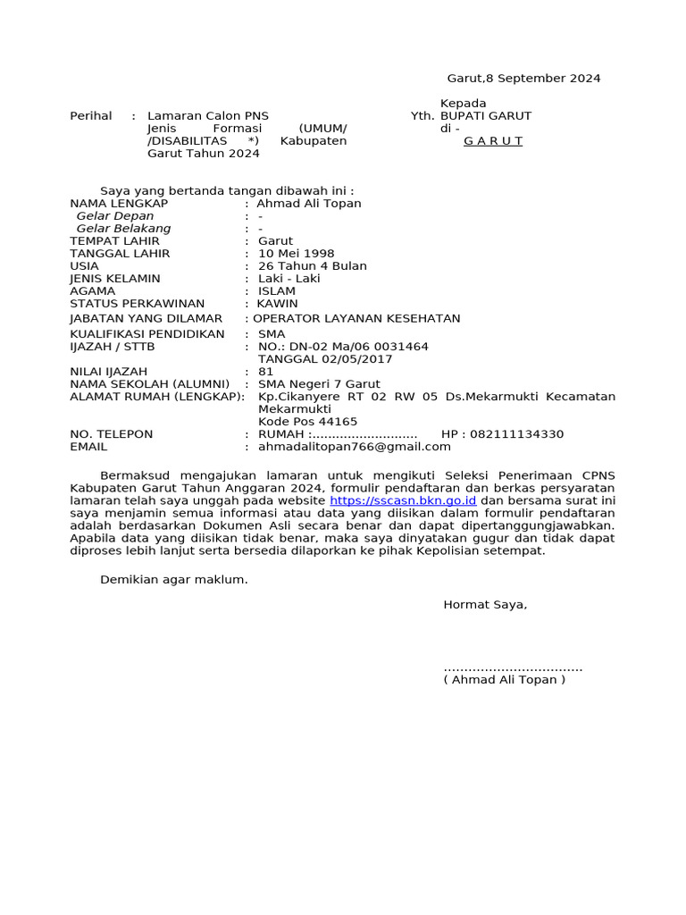 Surat Lamaran Cpns Aldi Yuliandi | PDF | Hukum