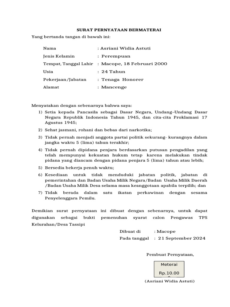 SURAT PERNYATAAN BERMATERAI Asriani | PDF