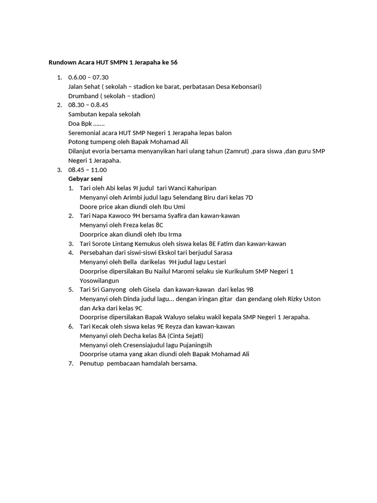 Rundown Acara HUT SMPN1 Jerapaha | PDF
