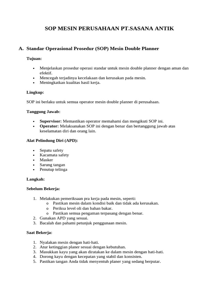 Sop Mesin Double Planner | PDF