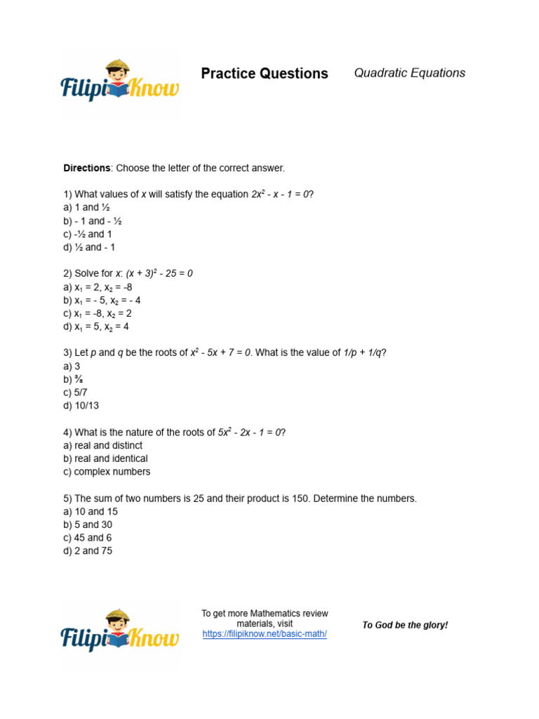 Quadratic Equations Practice Questions | PDF | Teaching Methods & Materials