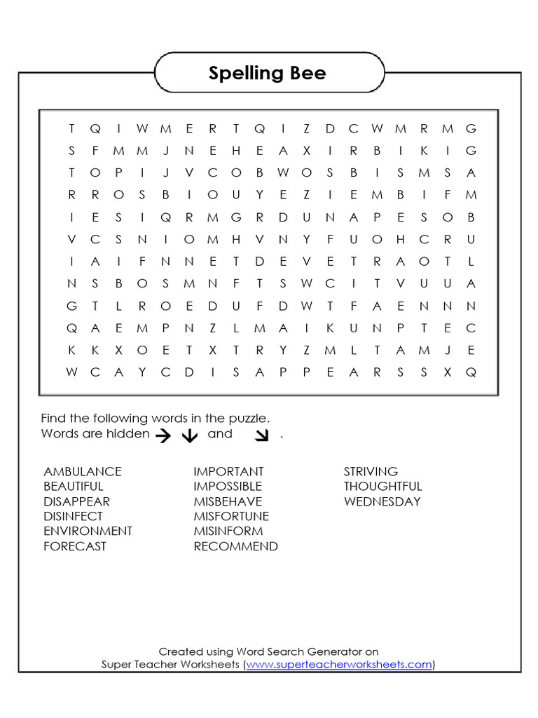 Spelling Bee Word Search Worksheet | PDF | Word Puzzles | Puzzles