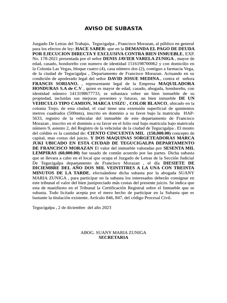 Aviso de Subasta | PDF | Honduras