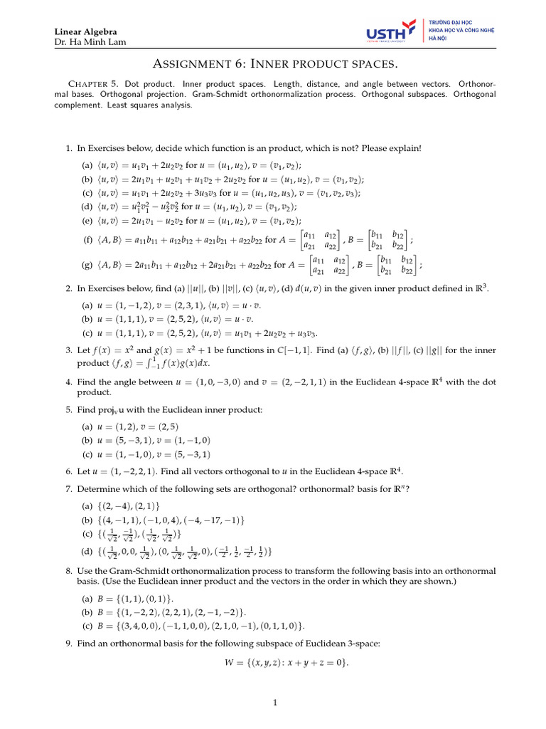 Asignment 6 Inner Product Spaces | PDF | Linear Subspace | Mathematical ...
