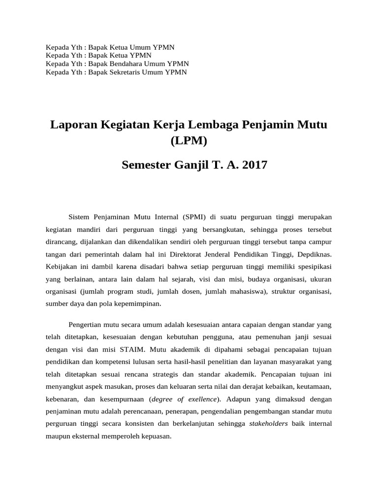 Laporan Kegiatan Kerja Lembaga Penjamin Mutu | PDF