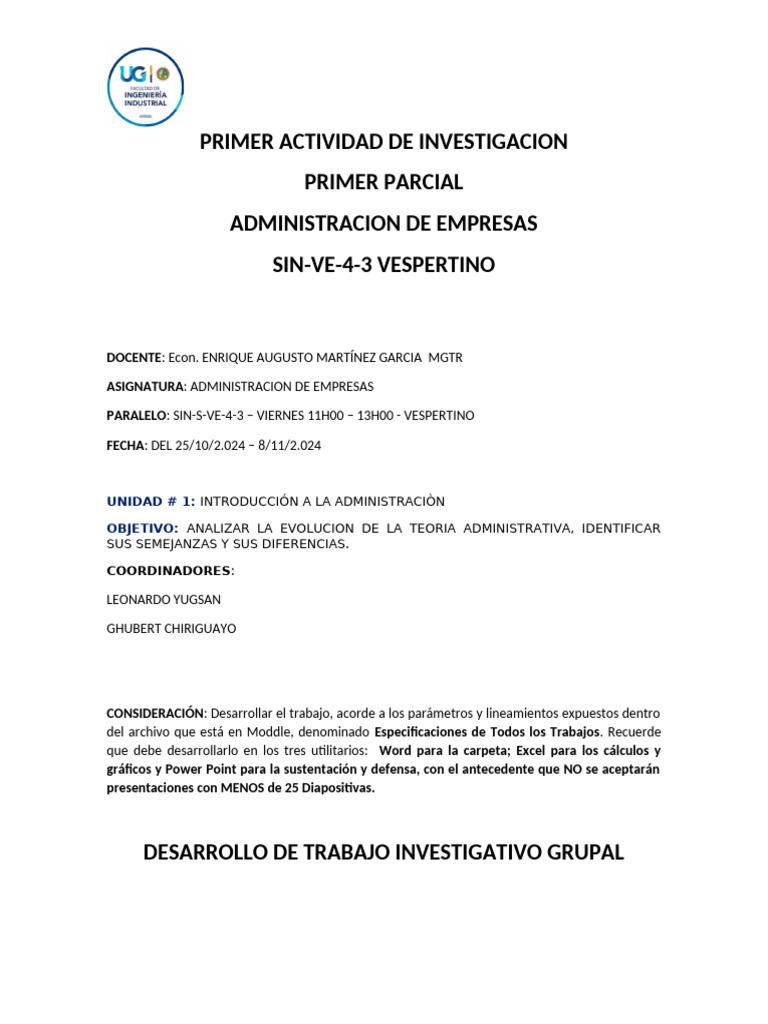 Primer Deber Primer Parcial Adm Emp Vesp Al 25-10-2.024 Sin RC | PDF | Business | Economias