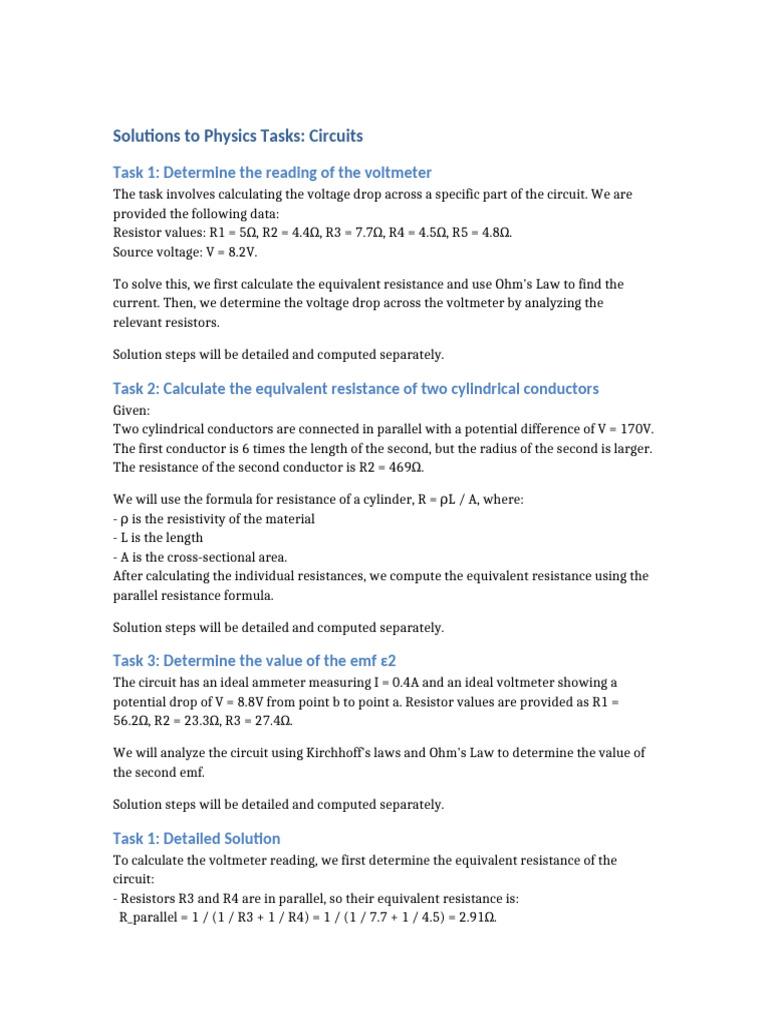 Solutions To Physics Tasks | PDF | Voltage | Electrical Resistance And Conductance