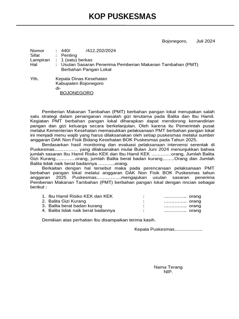 Surat Usulan PMT Lokal Kapusk | PDF | Pengembangan Diri