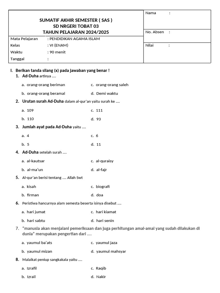 Soal Pts Pai Kelas 6 SMTR 1 2024 | PDF | Agama & Spiritualitas